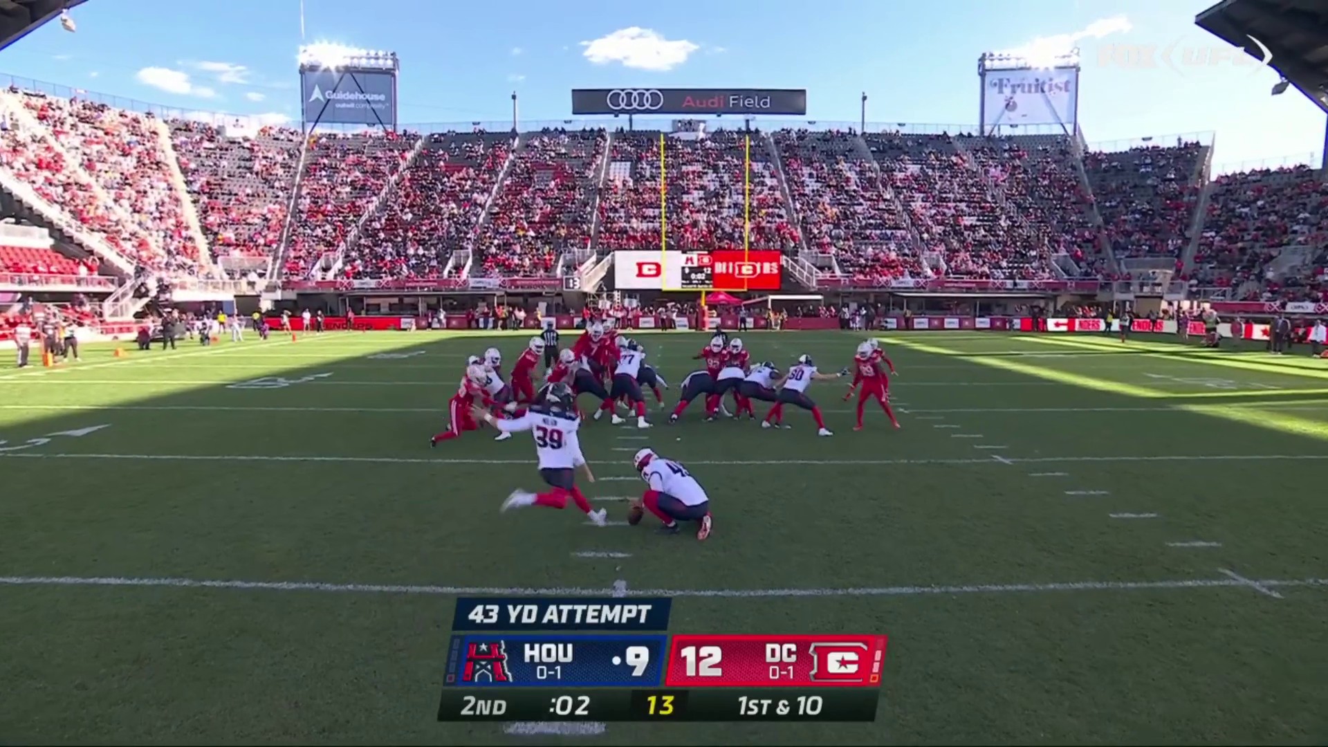 Field Goal, Houston Roughnecks 12-12 D.C. Defenders: UFL